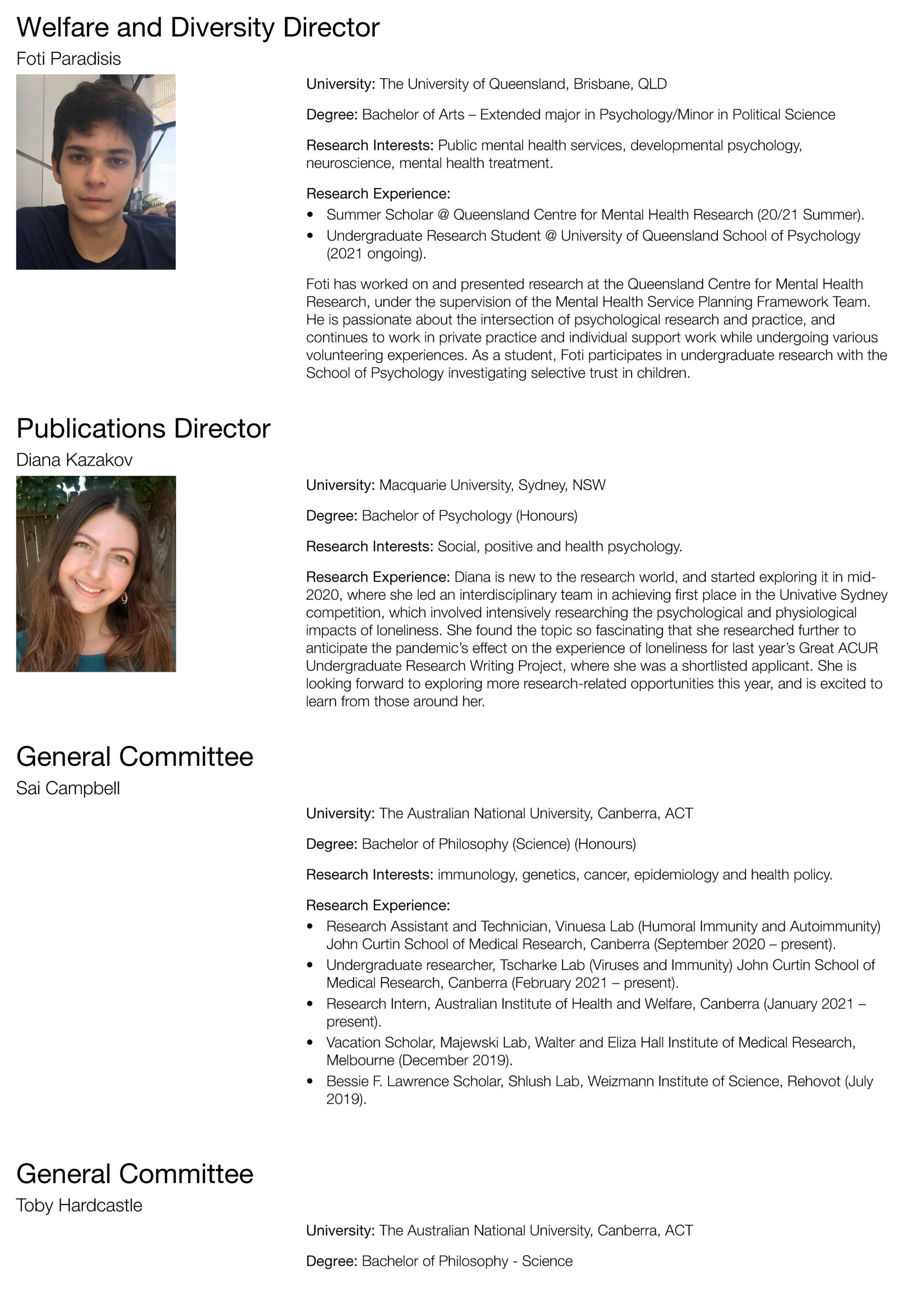 Student Committee members - Australasian Council of Undergraduate Research